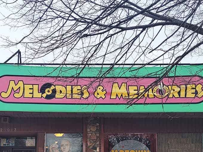 The bold "Melodies & Memories" sign delivers exactly what it promises: pure nostalgia wrapped in cheerful colors.