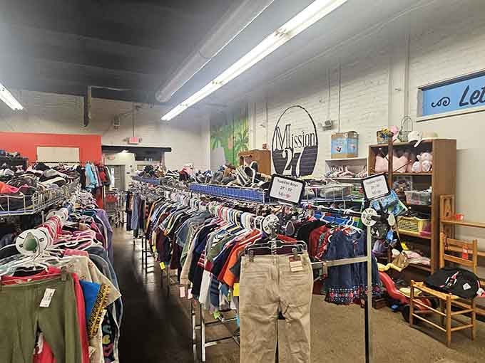 Inside, rows of colorful clothing stretch endlessly under bright lights, making every shopping trip feel like a treasure hunt.