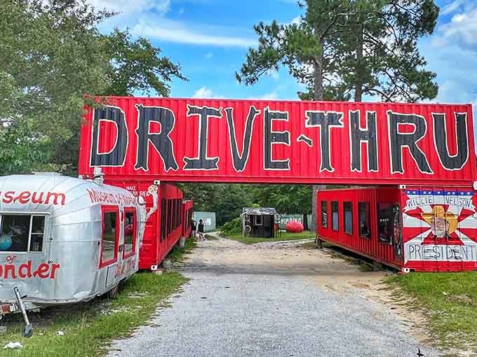 Bold red letters beckon you into a wonderland of folk art where every vintage trailer tells a story.