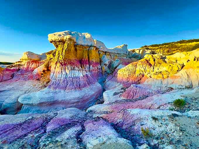 Golden hour transforms the formations into glowing towers, their purple and yellow layers creating a painter's wildest dream come true.