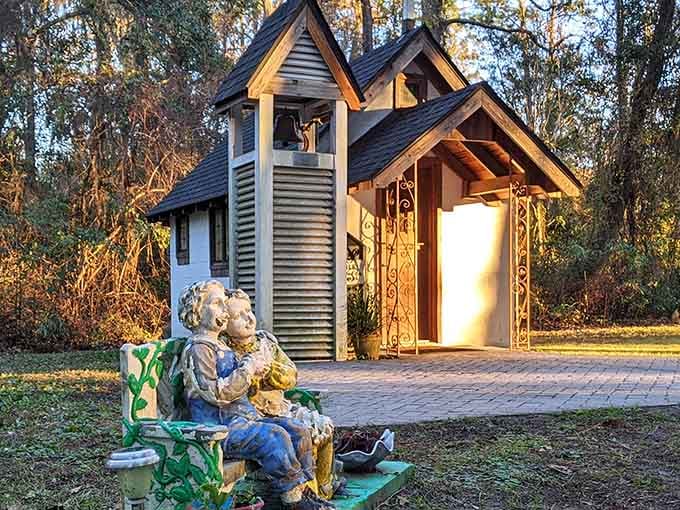 The charming couple on the bench seems perfectly content waiting outside&mdash;there's quite a line for Sunday service!