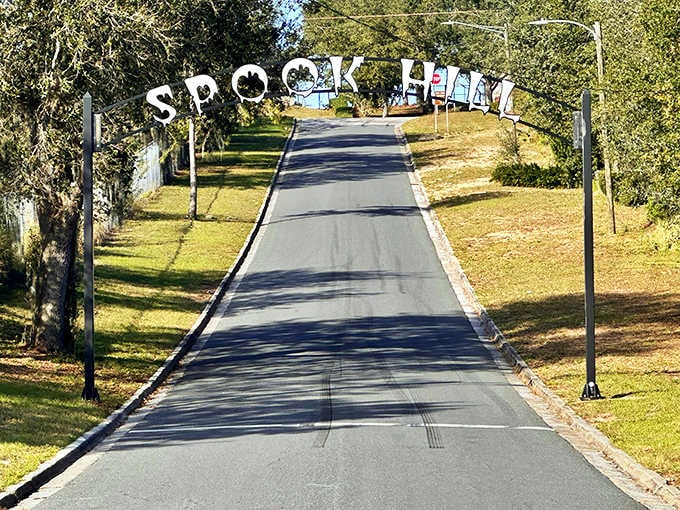The Spook Hill archway marks the spot where gravity takes a coffee break and legends come alive.