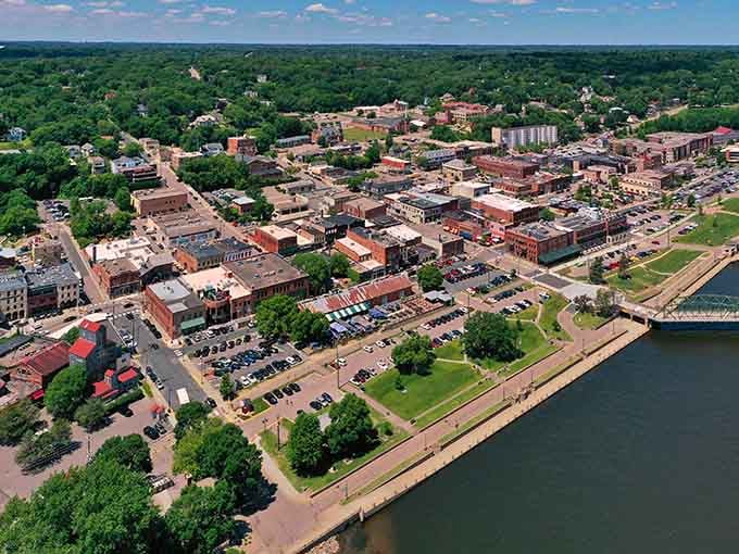 From above, this riverside gem reveals its perfect blend of historic charm and natural beauty in every direction.