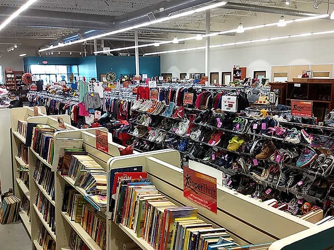 Inside, this sprawling space reveals endless aisles of shoes, books, and clothing organized like a department store dream.