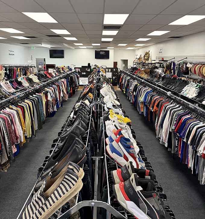 Endless racks stretch toward the horizon, creating a clotheshorse paradise that rivals any department store display.