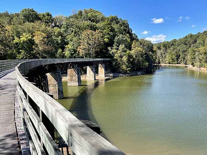 Wooden trestles spanning peaceful water remind you that the best journeys often follow old railroad paths.