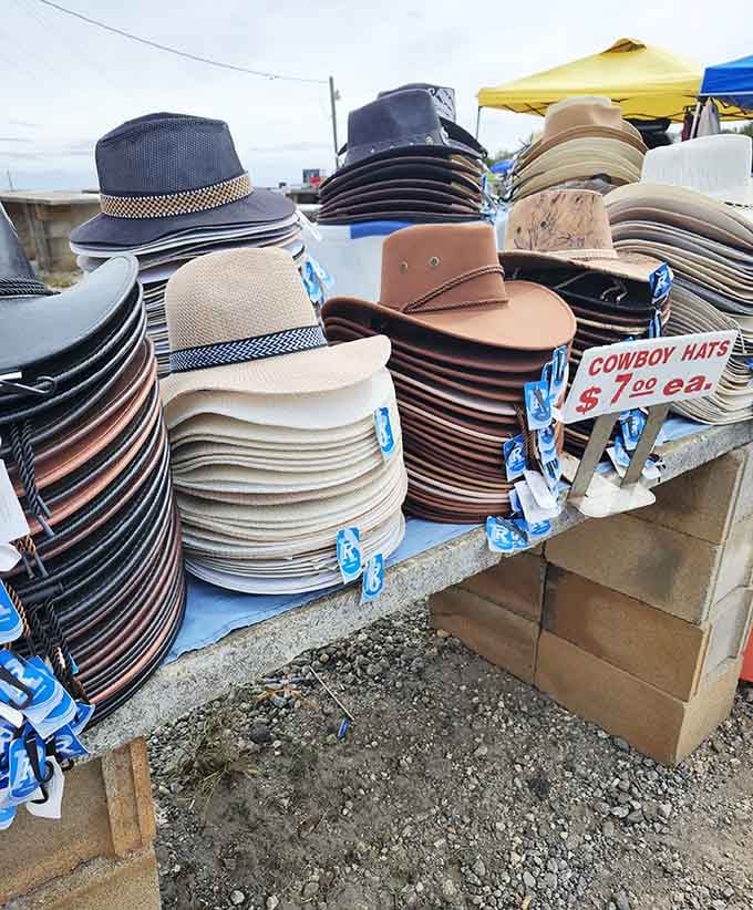 Stacks of cowboy hats tower like the Leaning Tower of Pisa, except these won't fall and they'll actually fit your head.