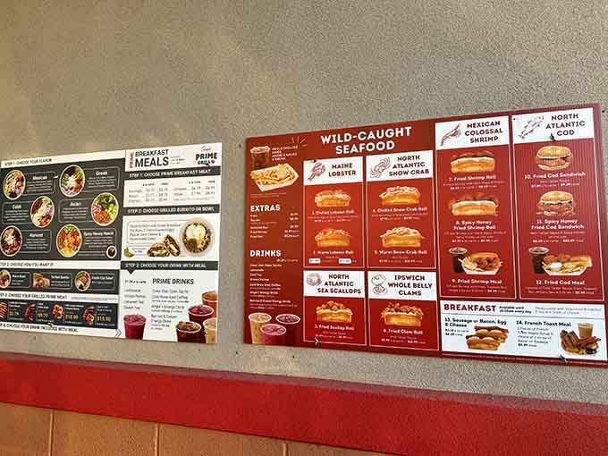 This menu board is your roadmap to seafood happiness, featuring everything from Maine-style classics to creative breakfast options.