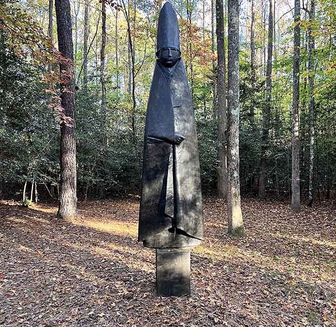 Standing tall and mysterious, this sculpture makes you wonder what profound thoughts a giant cardinal might contemplate.