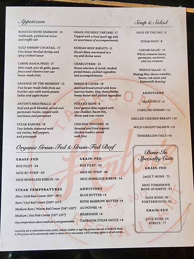 This menu reads like a love letter to beef, offering both grass-fed and grain-fed options for discerning palates.