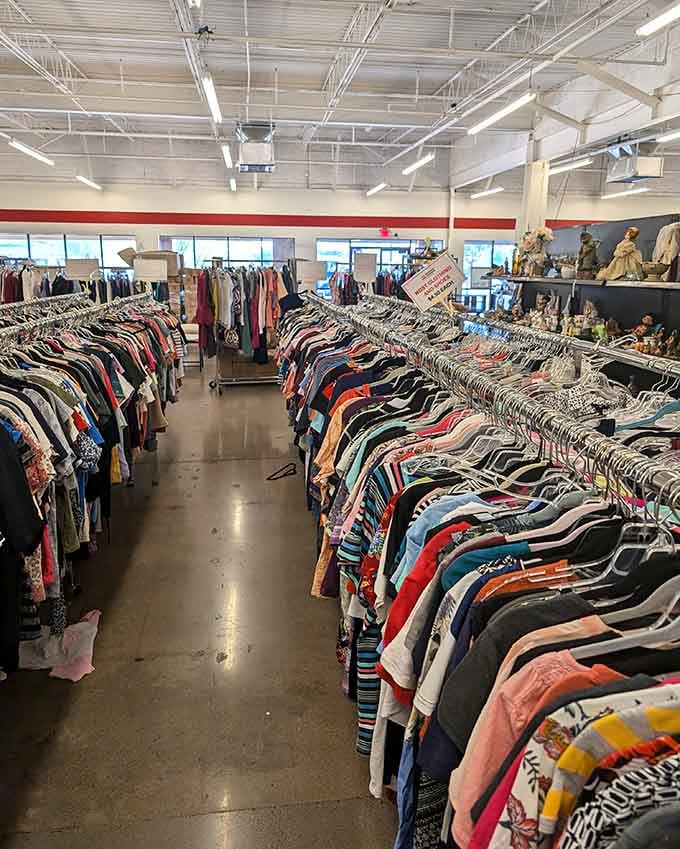 These endless clothing racks stretch like a fashion lover's paradise, offering styles from every decade at prices that won't hurt.