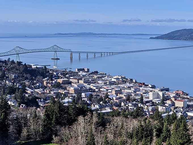 From above, Astoria spreads across the hillside like a postcard, with that magnificent bridge stealing the show.