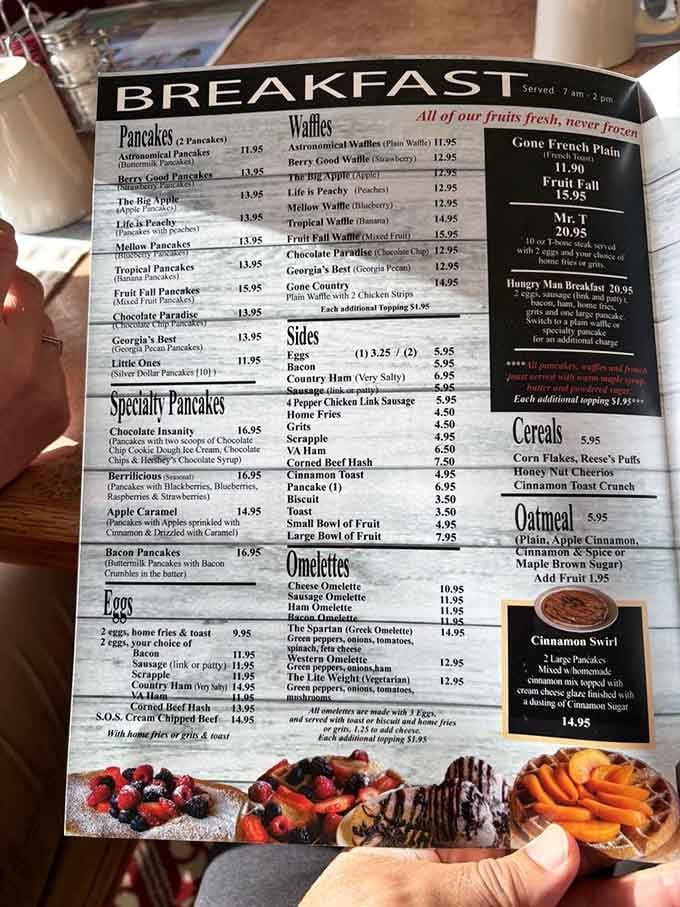 This menu reads like a love letter to breakfast excess, and yes, you should absolutely respond with enthusiasm.