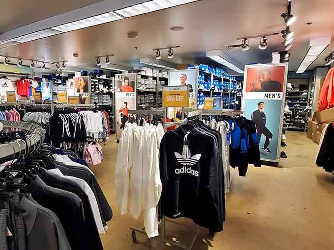 Rows of Adidas apparel stretch endlessly, proving that athletic style never goes out of fashion, just on sale.
