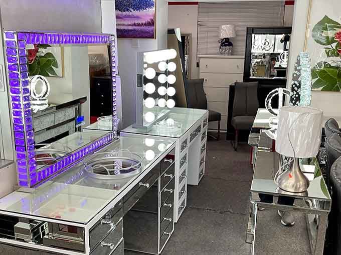 Mirrored furniture that makes you feel fancy without requiring you to actually be fancy, which is perfect.