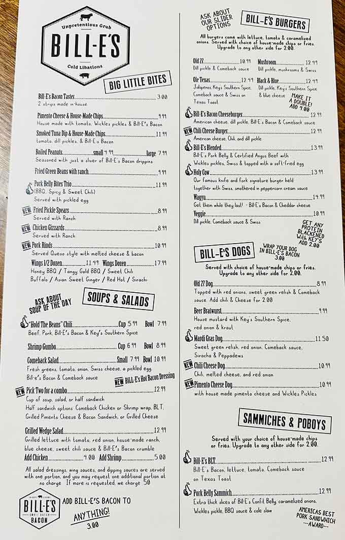 This menu reads like a bacon lover's manifesto, offering more pork-based possibilities than you knew existed in one place.