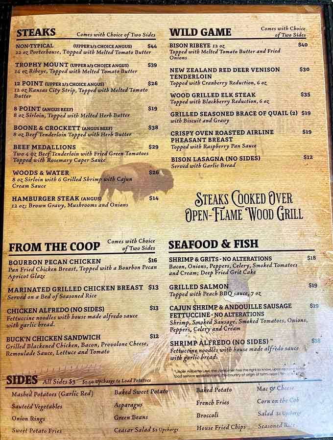 This menu reads like a wildlife documentary met a steakhouse and they decided to become best friends forever.