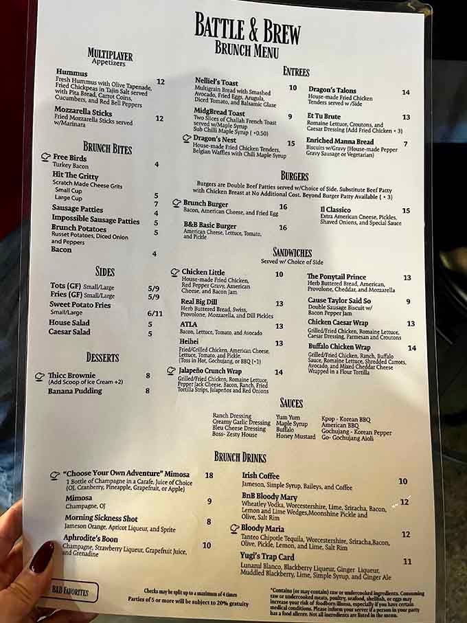 The brunch menu reads like a quest log, complete with Dragon's Nest and Enriched Manna Bread.