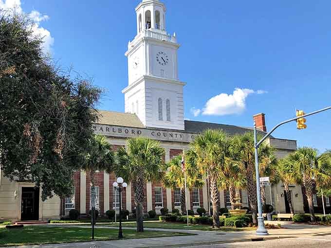 The Marlboro County Courthouse stands proud with its elegant tower, proving government buildings can actually be beautiful.