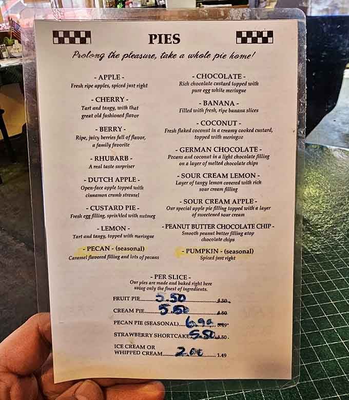 This menu reads like a love letter to pie, offering more varieties than most people try in a lifetime.
