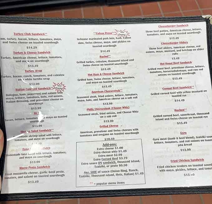 This menu reads like a love letter to meat, cheese, and everything that makes lunch worth anticipating.