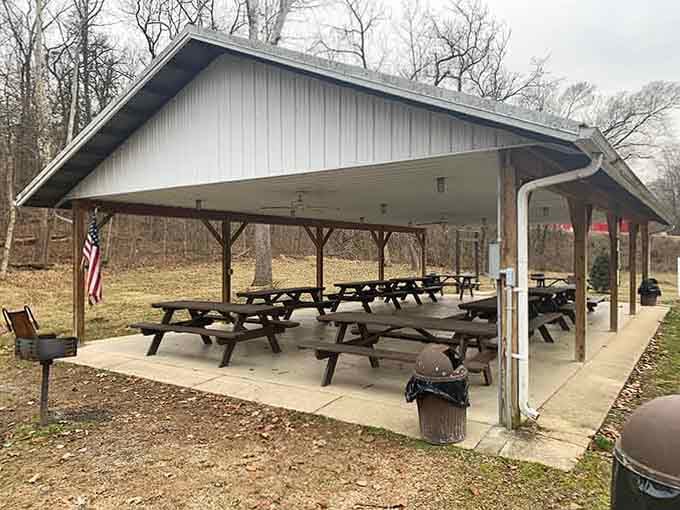 Rain or shine, these pavilion tables are ready for your potato salad and questionable uncle's grilling advice.