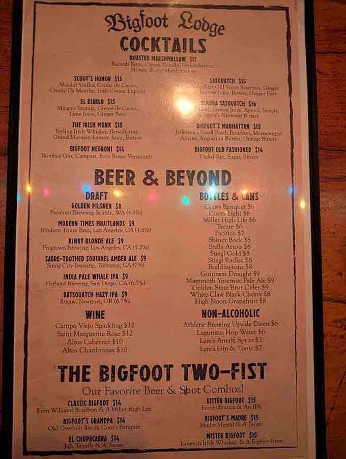 This menu reads like a cryptozoologist's cocktail fantasy, where every drink tells a story and tastes even better.
