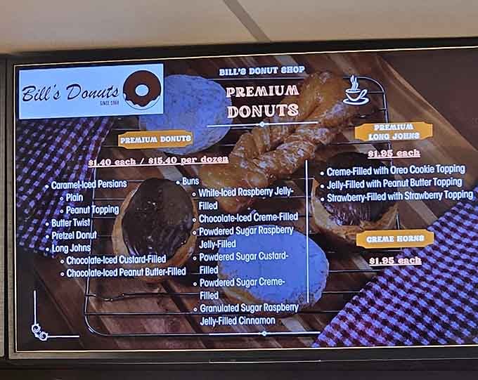 This menu reads like a love letter to donuts, offering everything from classic glazed to creative filled masterpieces.