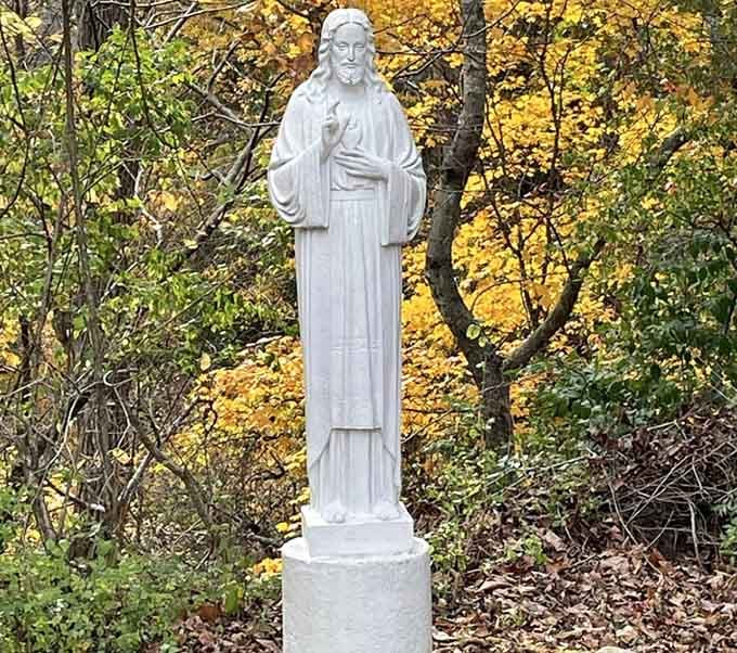 Sacred Heart of Jesus emerges from autumn's golden backdrop, proof that Missouri does dramatic scenery with the best of them.