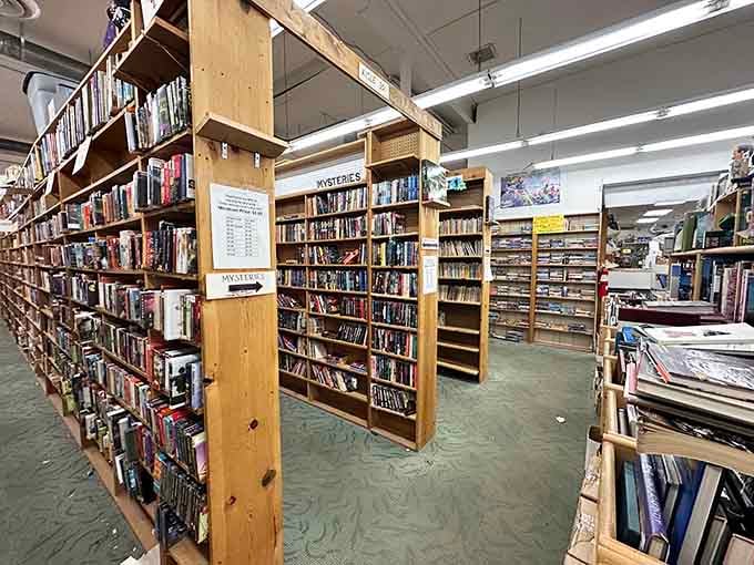 Rows upon rows of wooden shelves stretch into the distance like a literary choose-your-own-adventure waiting to happen.