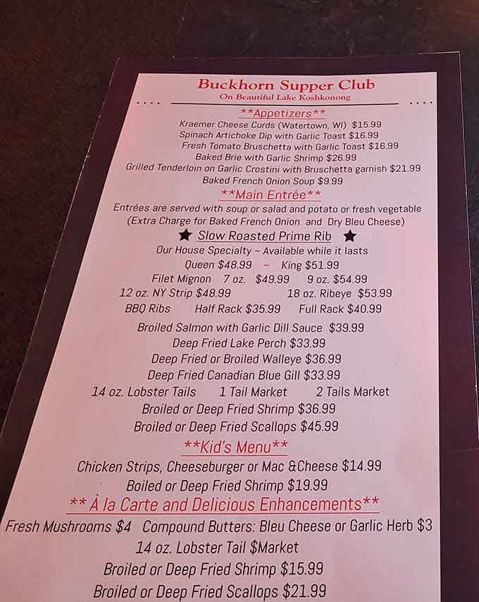This menu reads like a love letter to Midwest dining, featuring everything from prime rib to fresh lake perch.