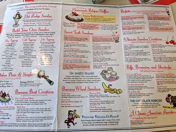 This menu reads like a love letter to ice cream, complete with whimsical illustrations and impossible choices.