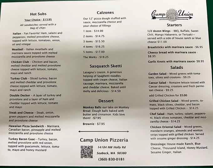 The menu reveals the full scope of their ambition: giant pizzas, hearty subs, and something called Sasquatch Sketti.