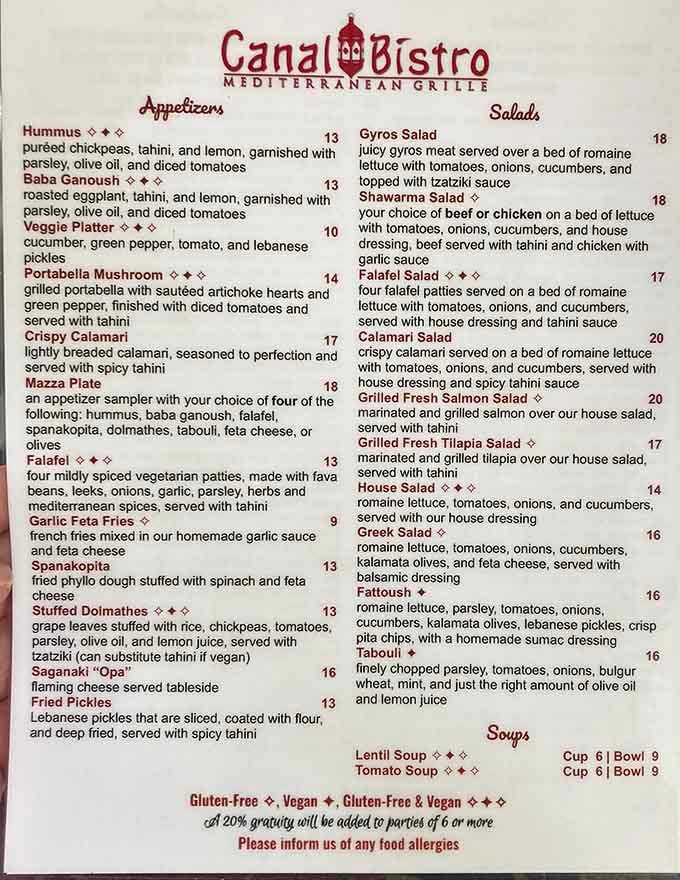 This menu reads like a passport to the Mediterranean, offering everything from hummus to lamb with thoughtful vegetarian options.