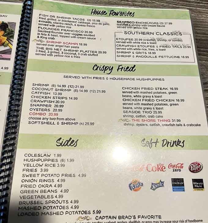 The menu reads like a love letter to the Gulf, with everything from coconut shrimp to crawfish etouffee.
