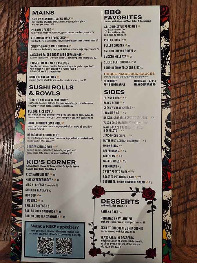 This menu reads like a love letter to both traditional barbecue and creative fusion cuisine done right.