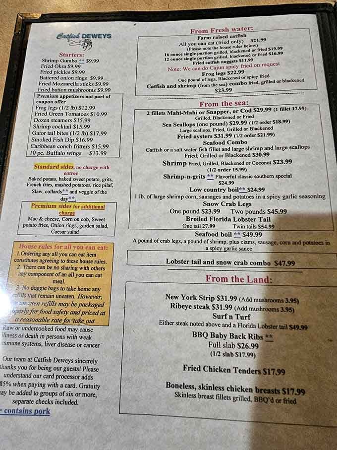 Study this menu carefully, then throw caution overboard and order the all-you-can-eat catfish anyway.