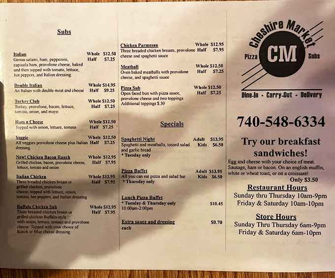 This menu is your roadmap to happiness, offering everything from breakfast sandwiches to specialty pizzas and hearty subs.