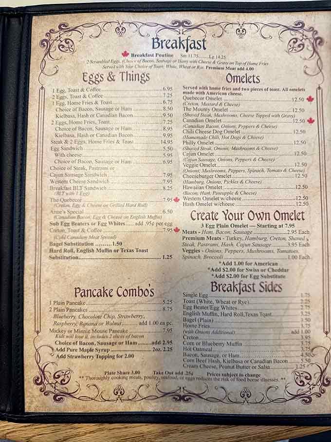 Mickey Mouse pancakes and create-your-own omelets share menu space with authentic poutine in this delightful culinary mashup.