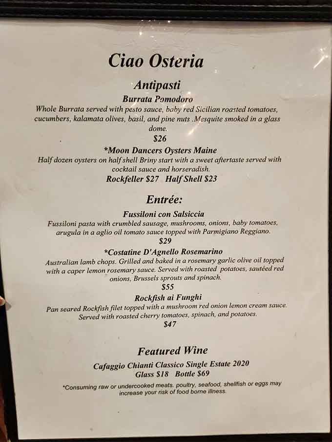 When the menu lists Burrata Pomodoro and Moon Dancers Oysters, you know someone's taking Italian food seriously here.