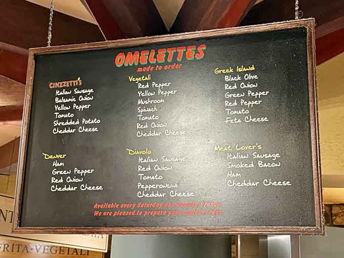 When a chalkboard menu offers this many omelet combinations, you know Sunday brunch just got serious.