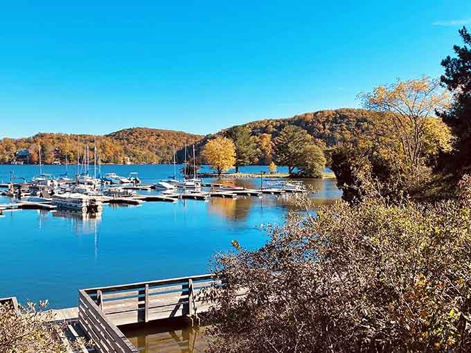 Fall colors reflecting off the marina waters create a scene that cameras never quite capture properly.