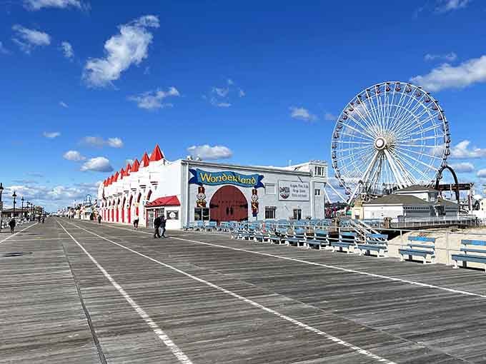 The boardwalk sits empty and peaceful, waiting for the summer crowds like a stage before the show begins.