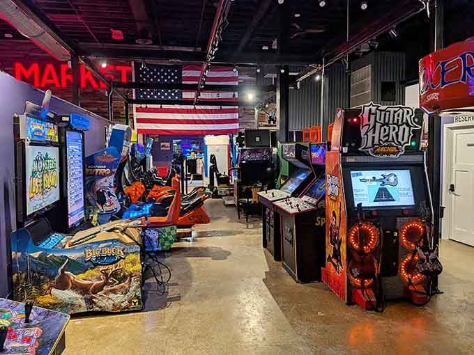 That American flag hanging proudly above Guitar Hero? Pure patriotic gaming energy that would make Uncle Sam grab a plastic guitar.