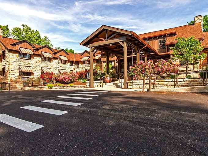 The DuPont Lodge welcomes visitors with rustic charm and those blooming planters that say someone here actually cares about first impressions.