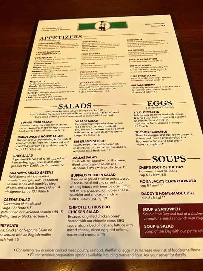 This menu reads like a love letter to comfort food, offering everything from salads to seafood delights.