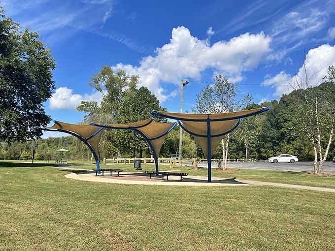 Modern pavilion shelters offer shade for picnics where you can actually afford to bring the whole family.