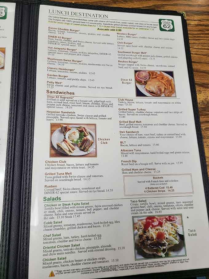 The lunch menu proves this place isn't just about breakfast, though those burgers look mighty tempting.