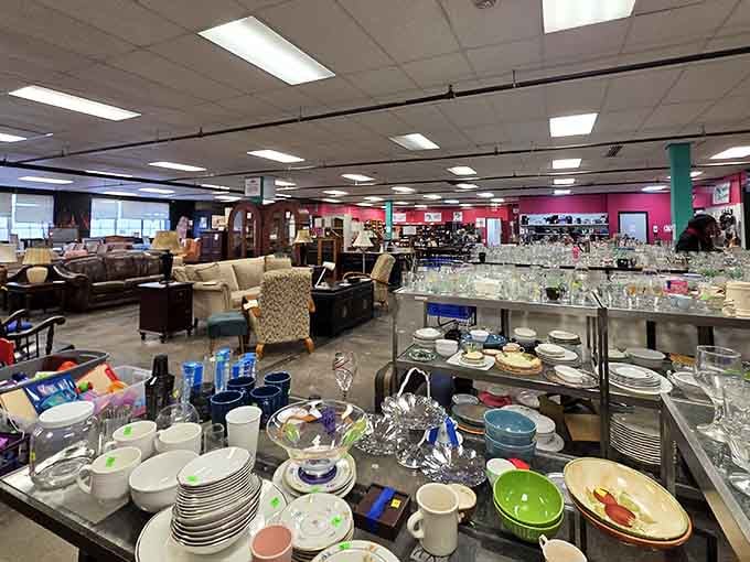 Welcome to organized chaos at its finest, where furniture mingles with glassware in perfect harmony.
