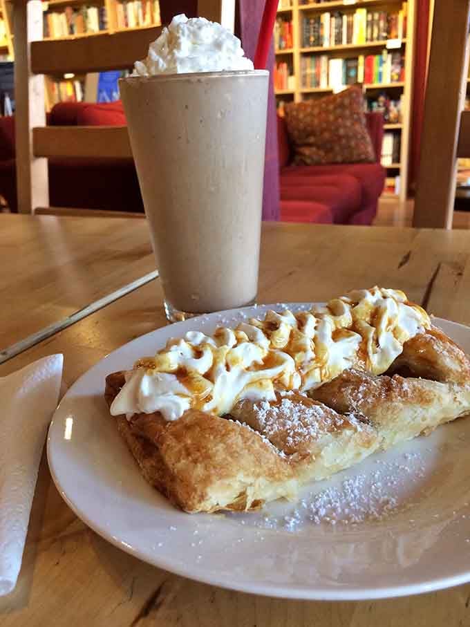 Golden waffles topped with whipped cream and caramel drizzle pair beautifully with that frothy milkshake companion.